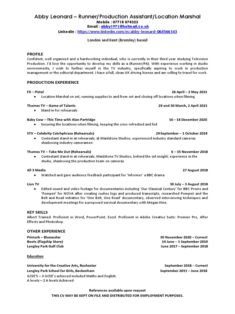 Abby Leonard CV | PDF | Mass Media | Business