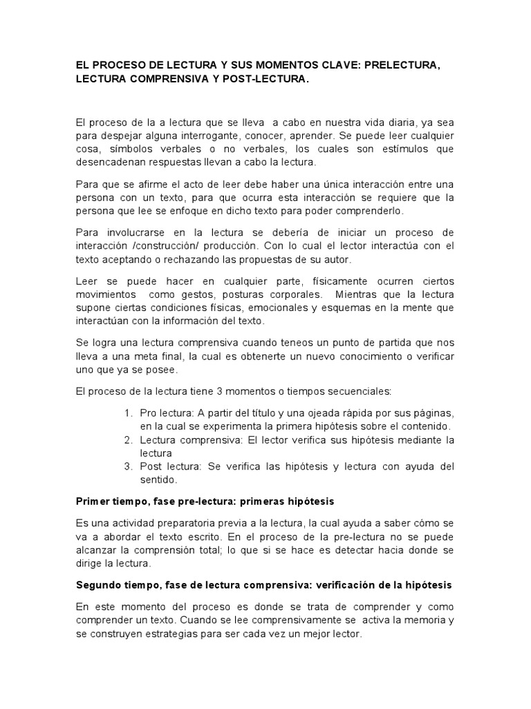 El Proceso de Lectura y Sus Momentos Clave | PDF | Comprensión lectora ...