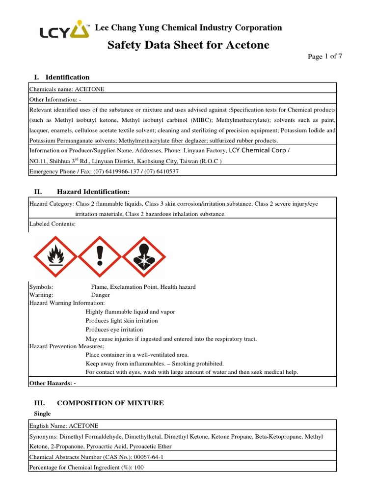 Safety Data Sheet For Acetone: Lee Chang Yung Chemical Industry Corporation | PDF | Firefighting ...