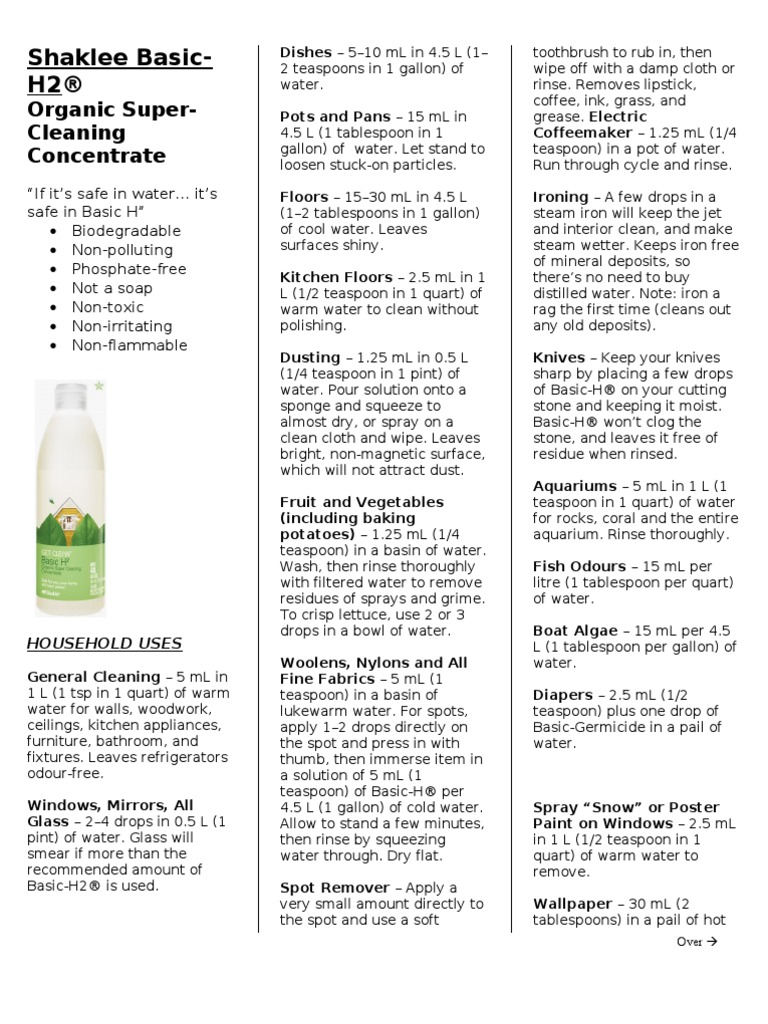 Shaklee Basic H2 Cleaner Uses Guide | PDF | Teaspoon | Gallon