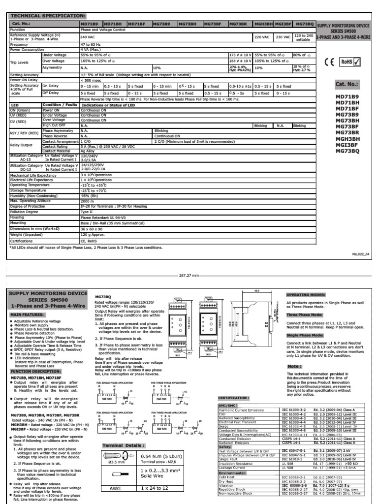 Technical Specification:: Supply Monitoring Device Series Sm500 1-Phase and 3-Phase 4-Wire | PDF ...