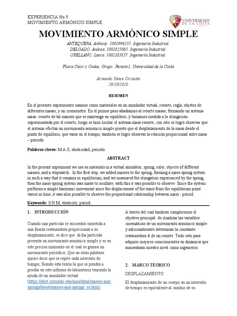 9 Informe De Laboratorio Movimiento Armónico Simple Pdf