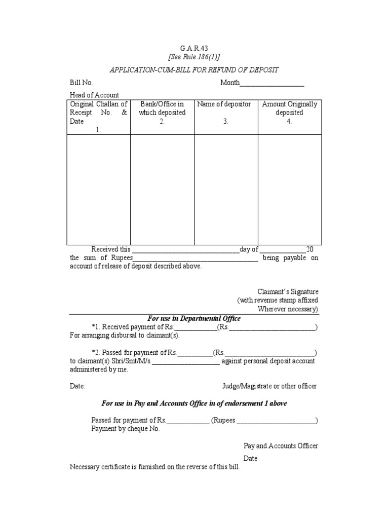 (See Rule 186 (1) ) Application-Cum-Bill For Refund of Deposit | PDF