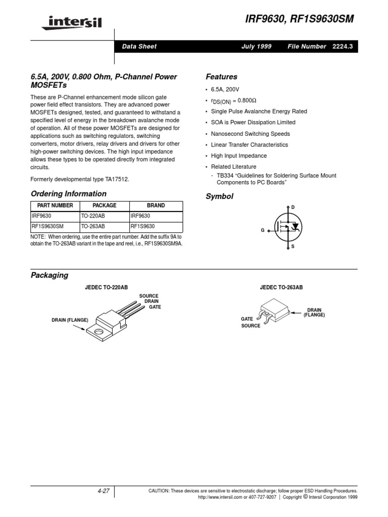 IRF9630, RF1S9630SM: 6.5A, 200V, 0.800 Ohm, P-Channel Power Mosfets ...