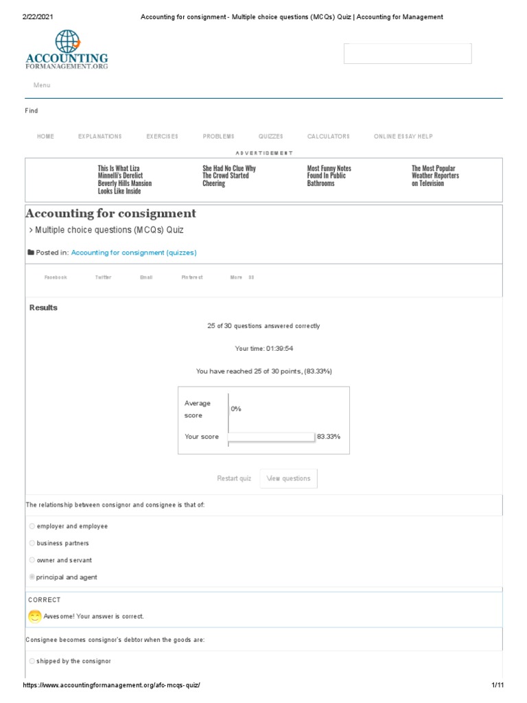 Accounting For Consignment: Multiple Choice Questions (MCQS) Quiz | PDF | Income Statement ...