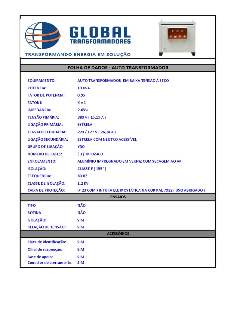 Datasheet 10 Kva Auto Transformador - Global Transformadores | PDF