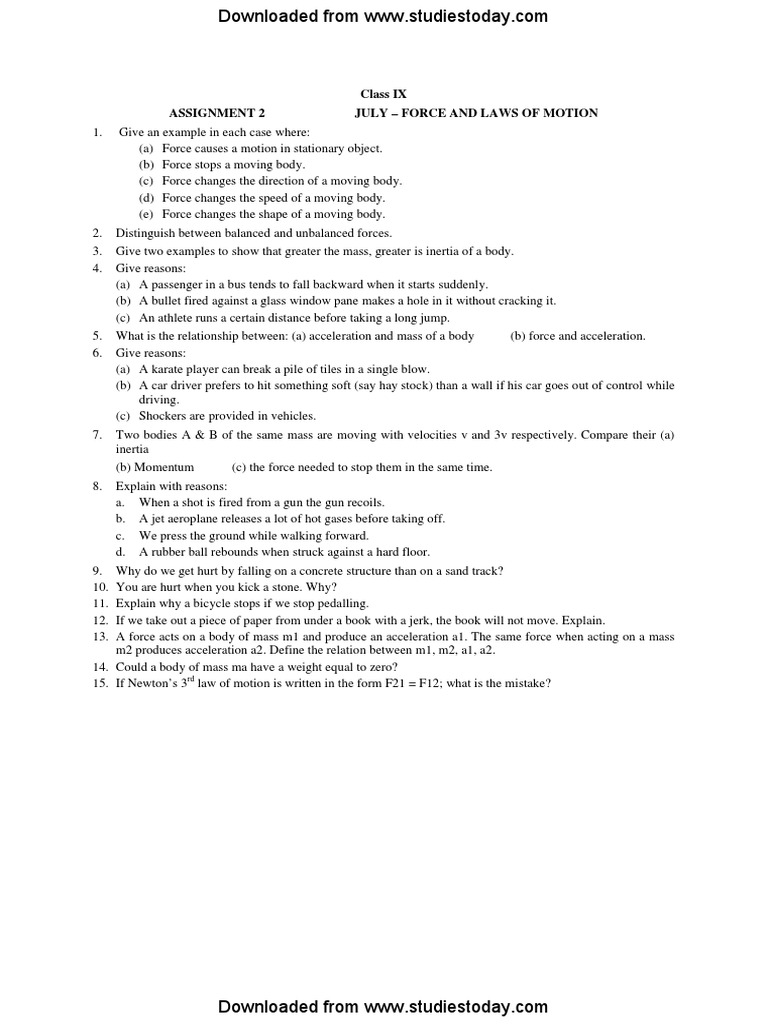 CBSE Class 9 Physics Worksheet | PDF | Force | Mass