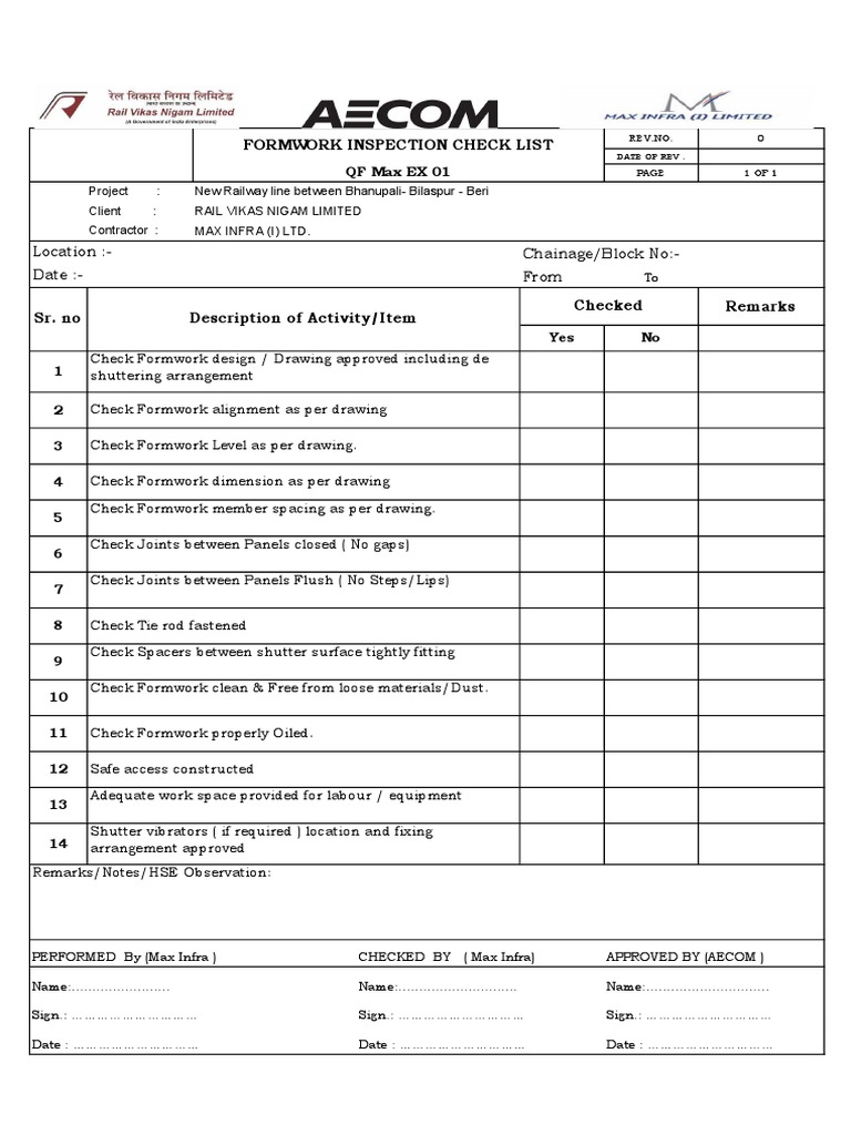 Formwork Inspection Check List: Rev - No. 0 | PDF | Materials | Building Materials
