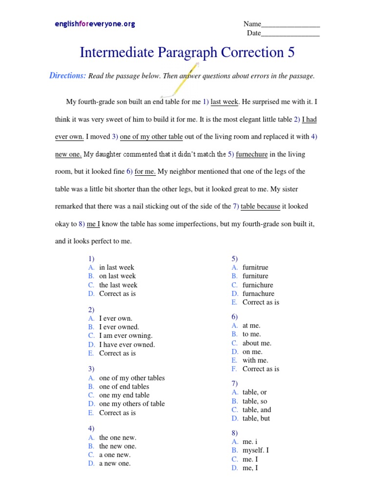 Intermediate Paragraph Correction 5: Directions | PDF