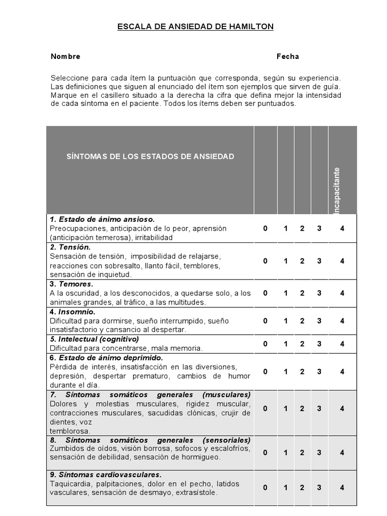 Escala de Ansiedad de Hamilton | PDF | Ansiedad | Depresión (estado de ...