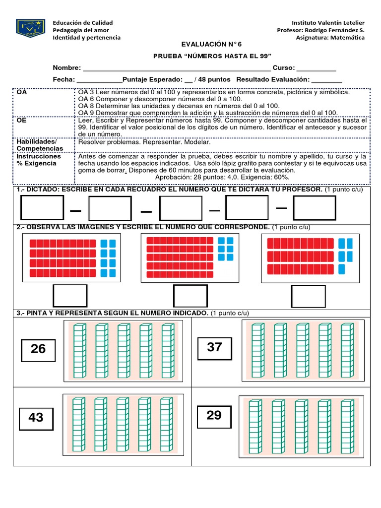 Prueba de Números hasta el 99 | PDF | Enseñanza de matemática | Science