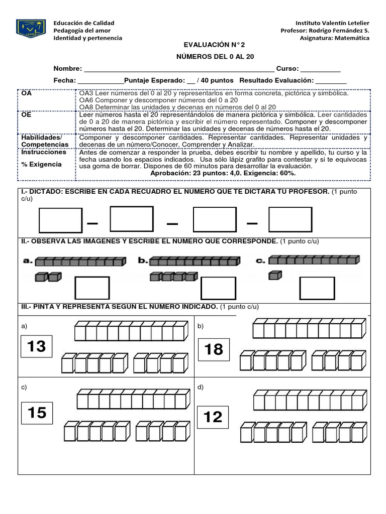 Prueba Matematica Numeros Del 0 Al 20 | PDF | Science | Ciencia y ...