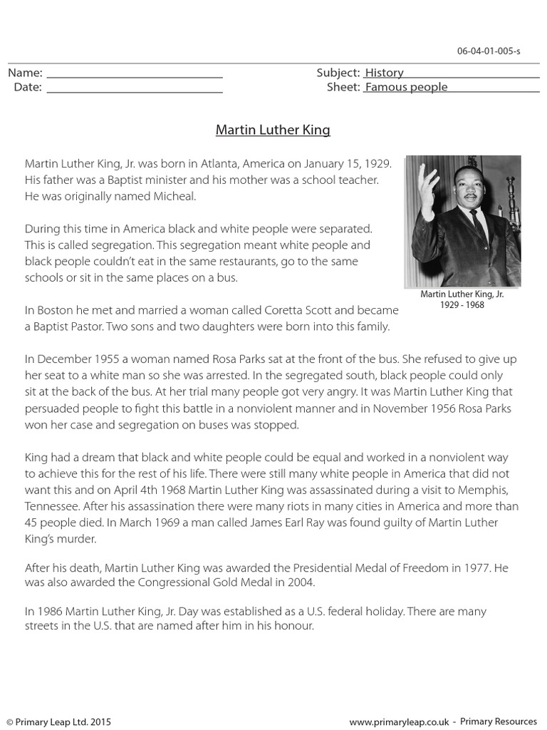 Martin Luther King Comprehension | PDF | Martin Luther King Jr. | Rosa ...