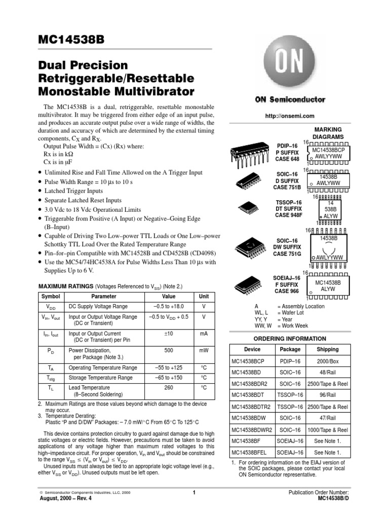 MC14538B Dual Precision Retriggerable/Resettable Monostable Multivibrator | PDF | Electrical ...