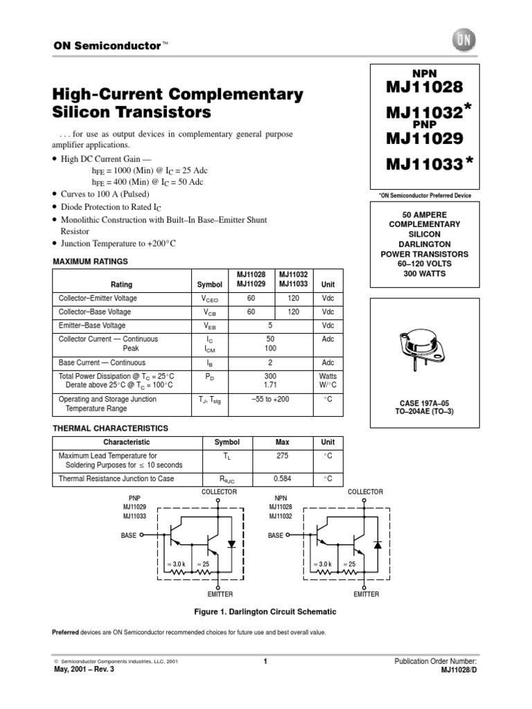 High-Current Complementary Silicon Transistors MJ11028 MJ11032 MJ11029 ...