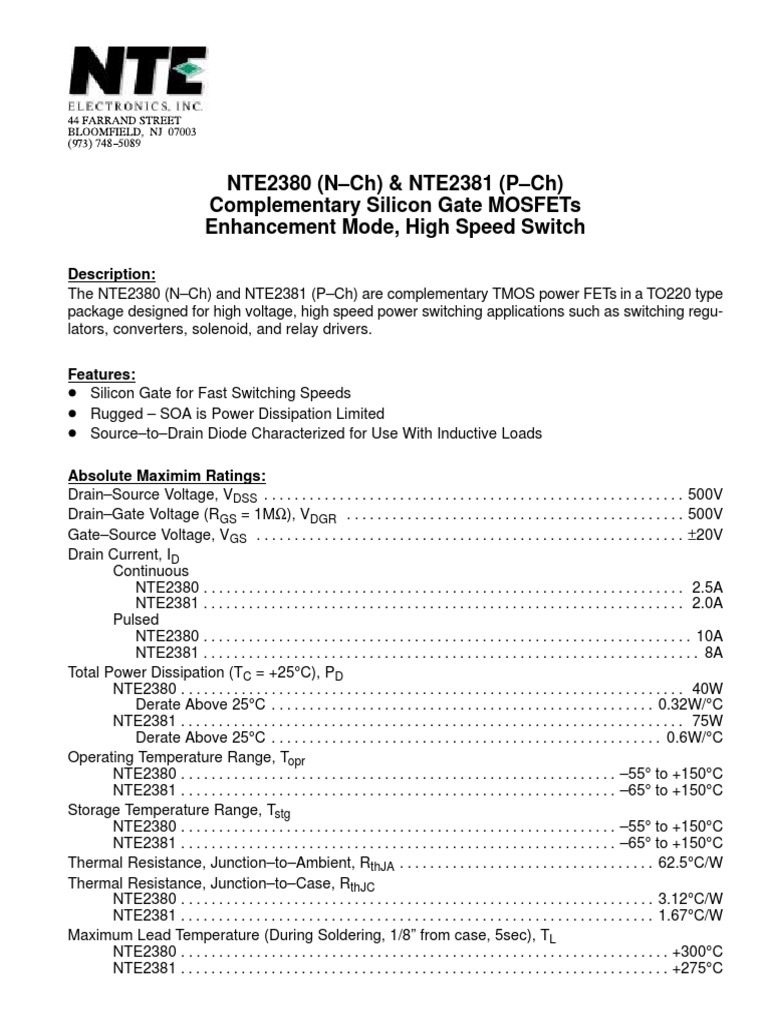 Nte2380 (N-CH) & Nte2381 (P-CH) Complementary Silicon Gate Mosfets ...