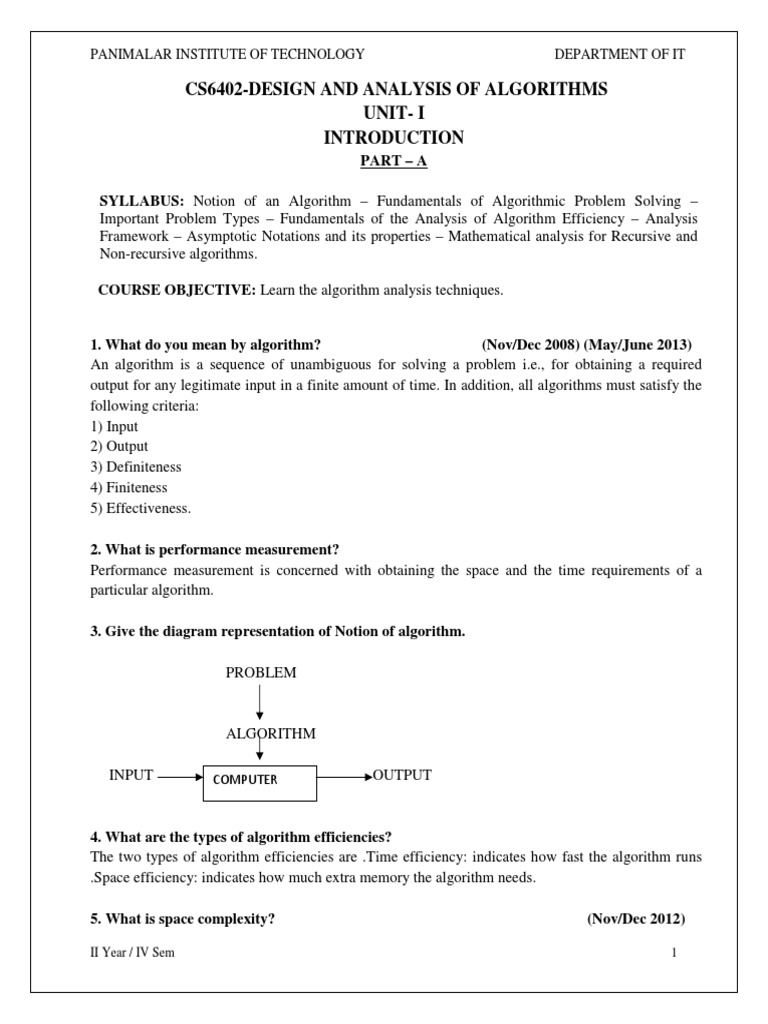 Cs6402-Design and Analysis of Algorithms Unit-I | PDF | Dynamic Programming | Recurrence Relation