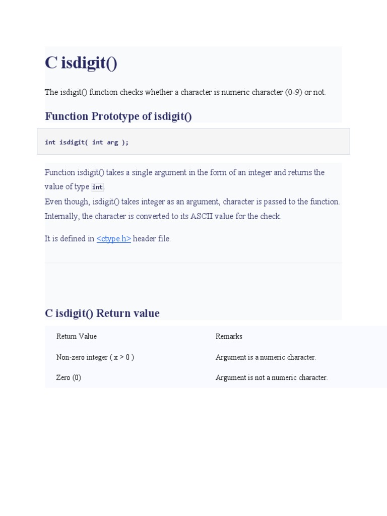 C Isdigit Function Prototype Of Isdigit Pdf Integer Computer Science Pointer Computer 