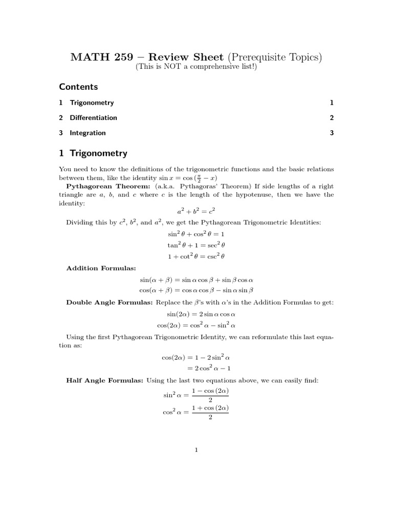 MATH 259 - Review Sheet (Prerequisite Topics) : (This Is NOT A ...