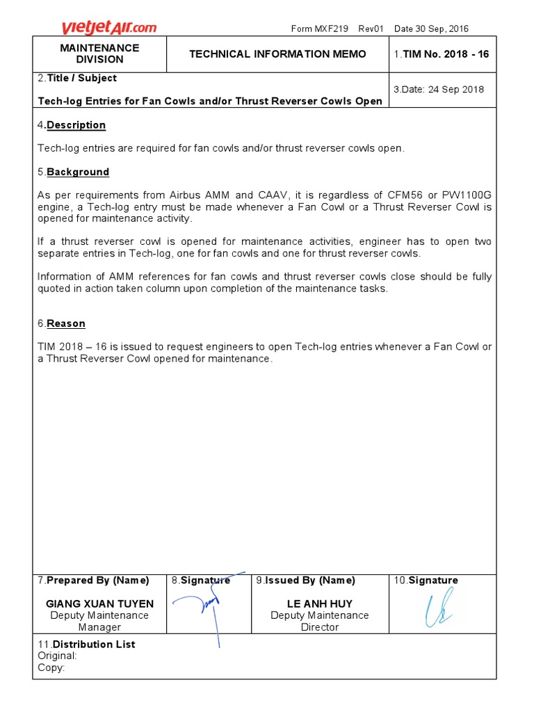 TIM 2018-16 Tech-Log Entries For Fan Cowls And-Or Thrust Reverser Cowls ...