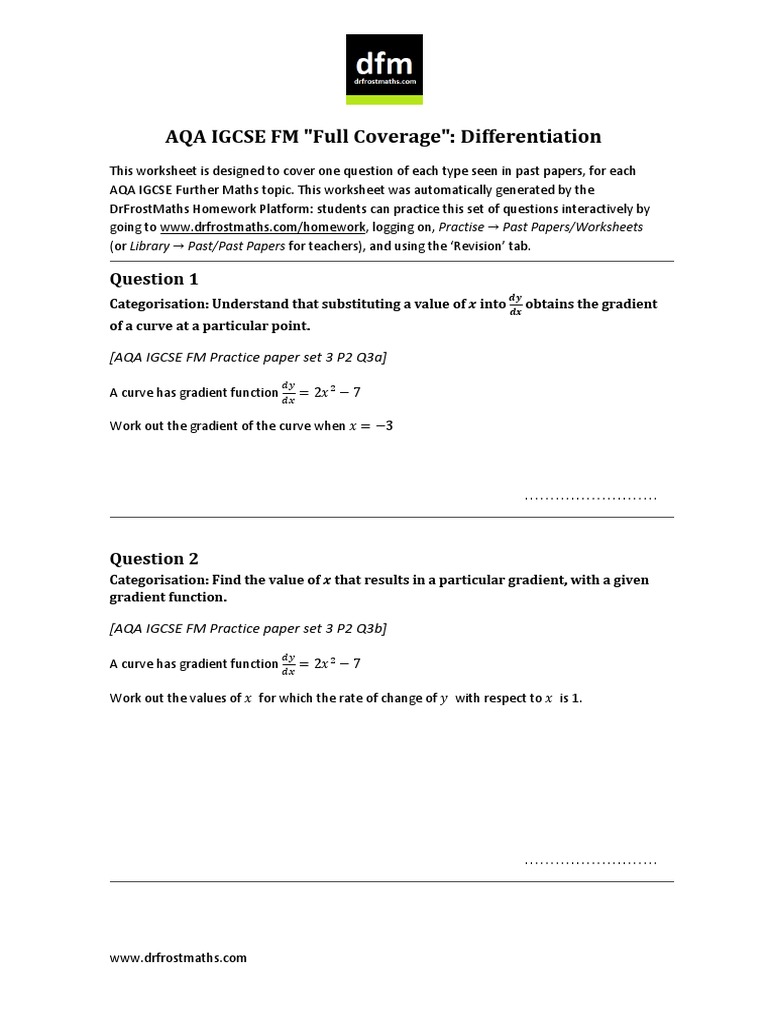 AQA IGCSE Further Maths Differentiation Worksheet | PDF | Tangent ...