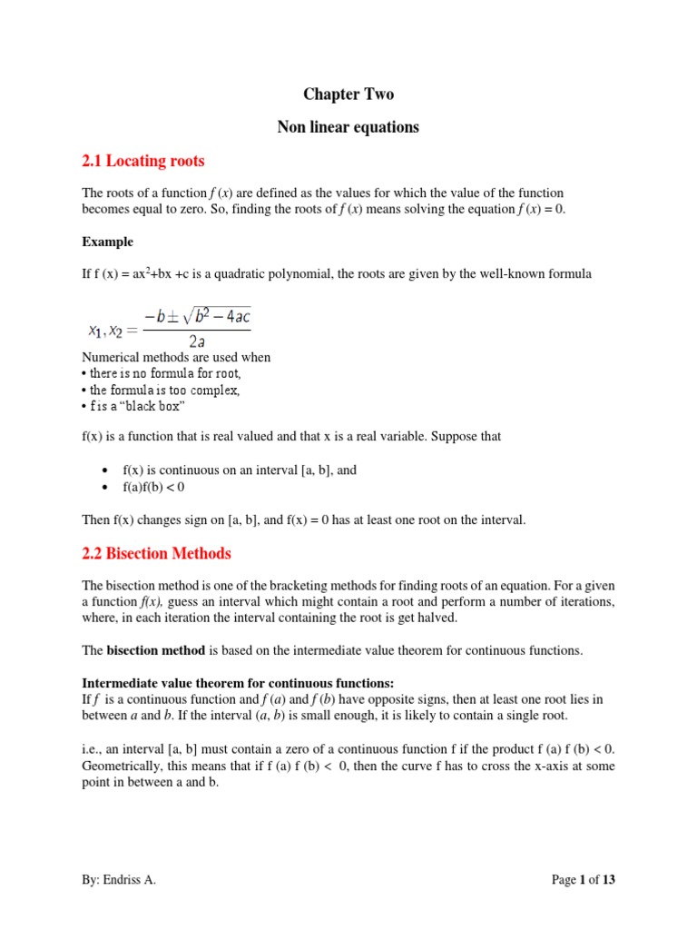 2.1 Locating Roots: Chapter Two Non Linear Equations | PDF | Numerical Analysis | Zero Of A Function