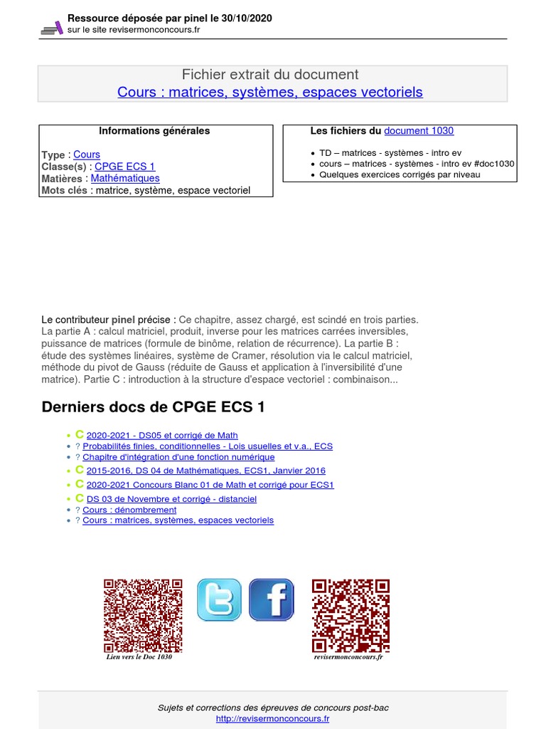 TD Matrices Systemes Intro Ev Pinel Doc 1030 | PDF | Matrice (Mathématiques) | Relations ...