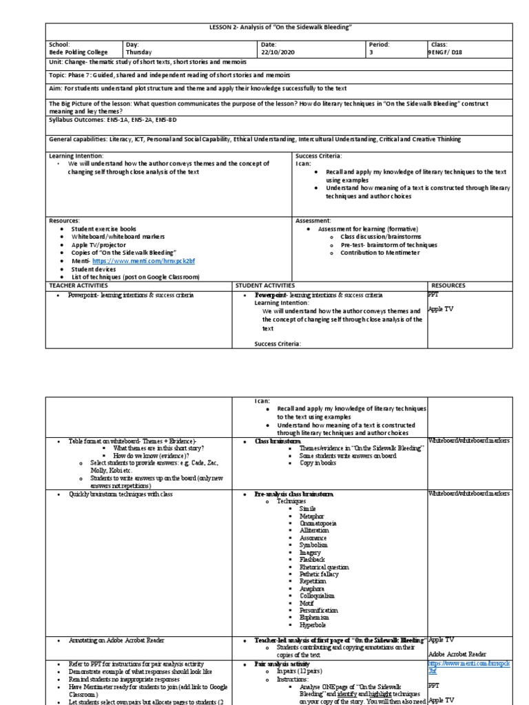 Lesson 2 - Plot and Analysis of On The Sidewalk Bleeding | PDF ...