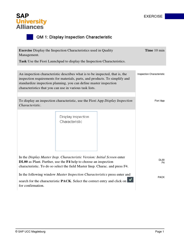 QM 1: Display Inspection Characteristic: Exercise Display The ...