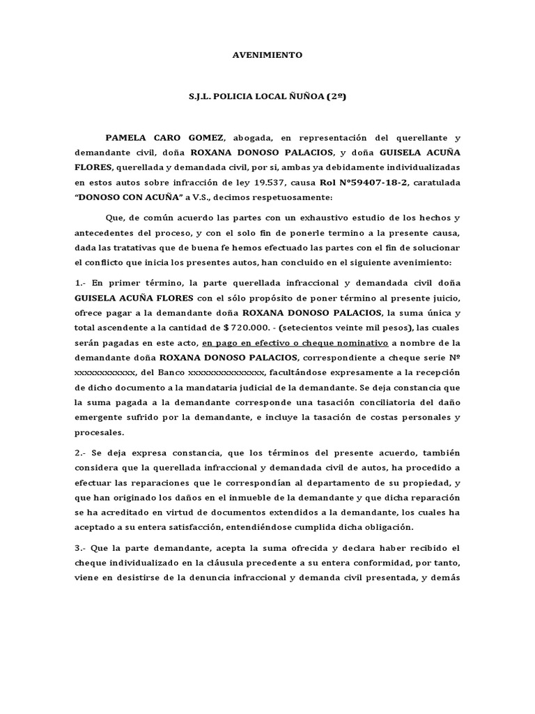 Escrito Avenimiento | PDF | Cheque | Justicia