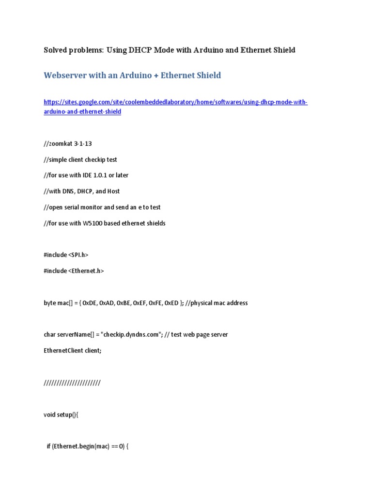 Using DHCP Mode With Arduino and Ethernet Shield | PDF
