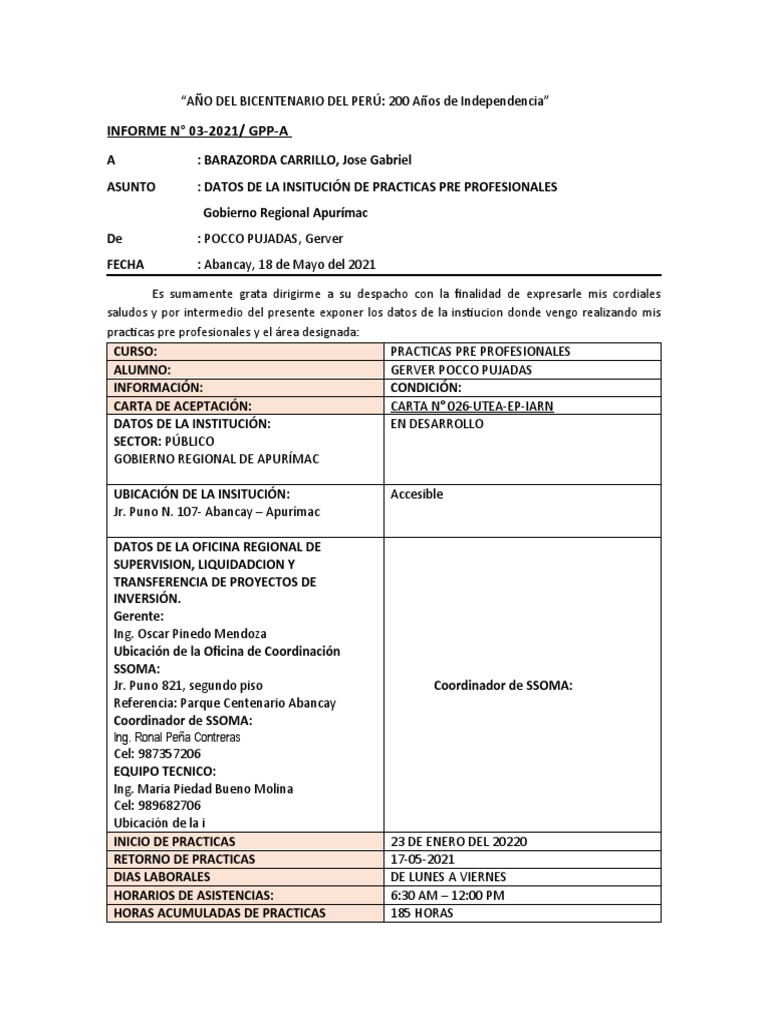 Informe de Practicas Pre Profesionales | PDF