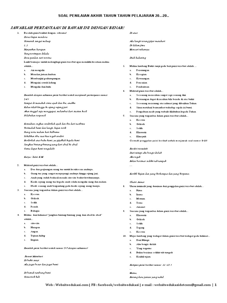 Soal PAT Bhs Dan Sastra Indonesia Kelas X - MA ZAINUL ISHLAH | PDF