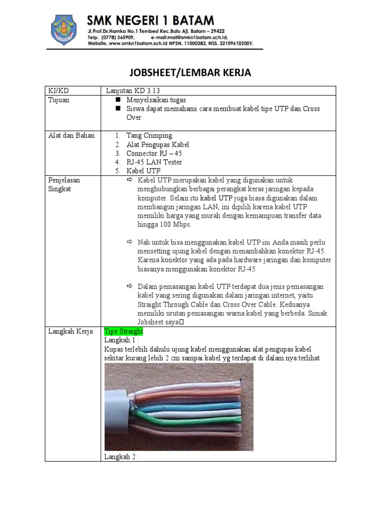 Jobsheet Membuat Kabel UTP | PDF
