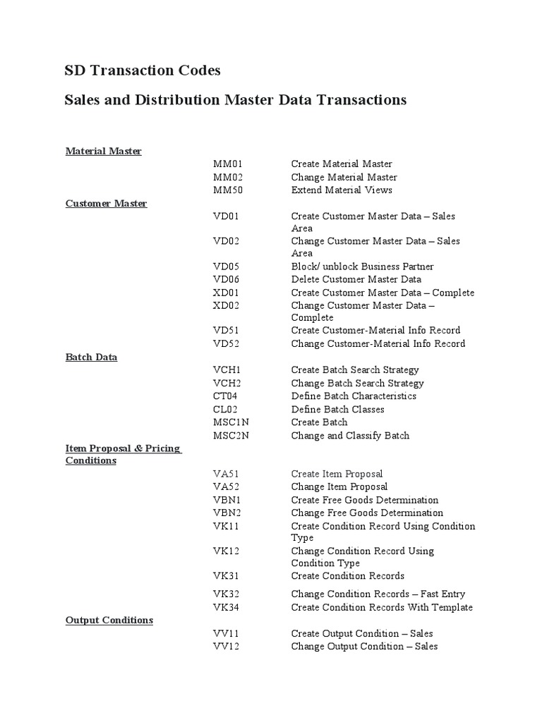 Comprehensive Guide to Sales and Distribution Master Data and Transaction Codes | PDF | Sales ...