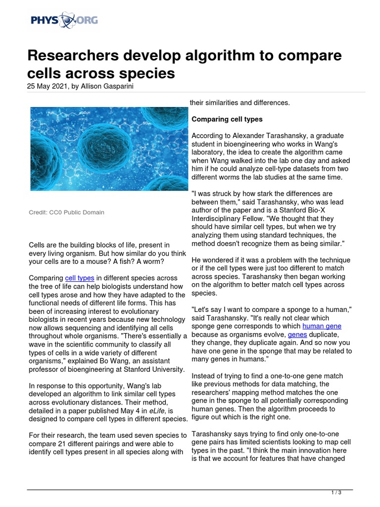 Researchers Develop Algorithm To Compare Cells Across Species | PDF | Evolution | Organisms