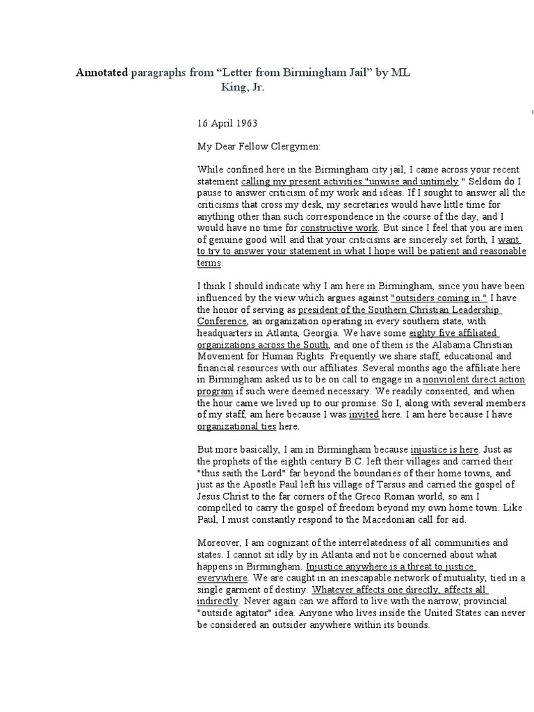 Annotated: Paragraphs From "Letter From Birmingham Jail" by ML King, JR ...