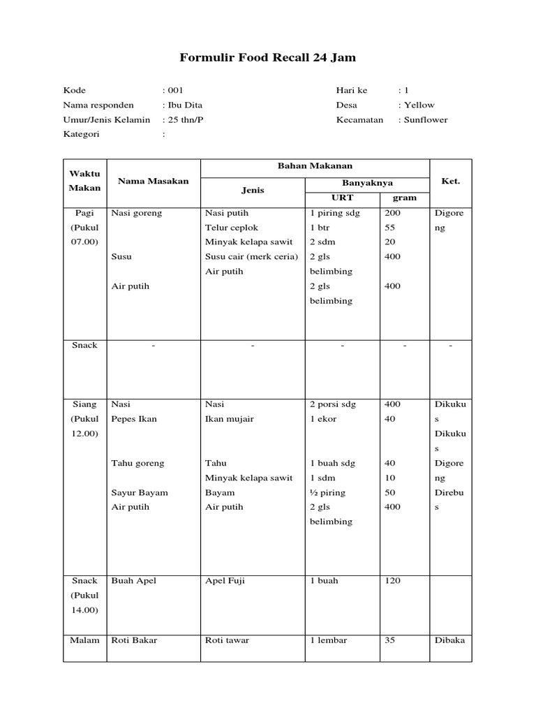 Food Recall 24 Jam | PDF