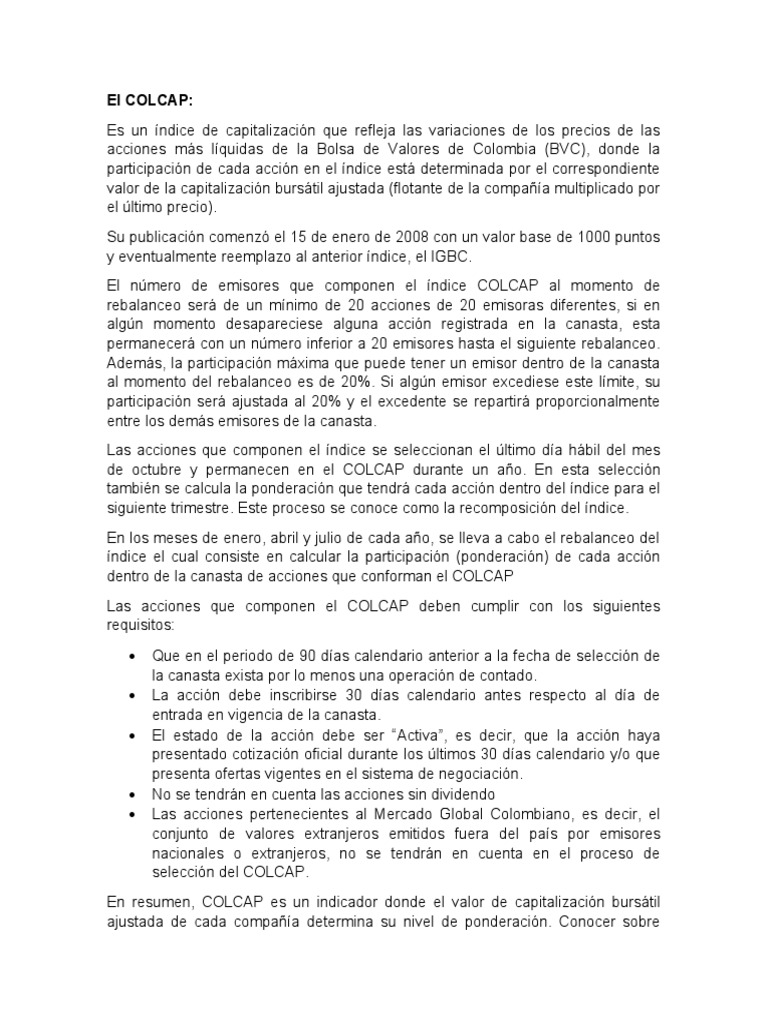 Indice Colcap | PDF | Capitalización de mercado | Compartir (Finanzas)