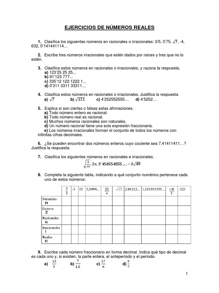 Ejercicios de Clasificación de Números Reales | PDF | Número racional ...