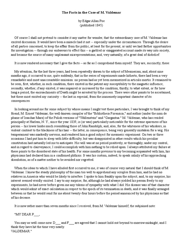 Poe, Edgar Allan - The Facts in The Case of M. Valdemar | PDF