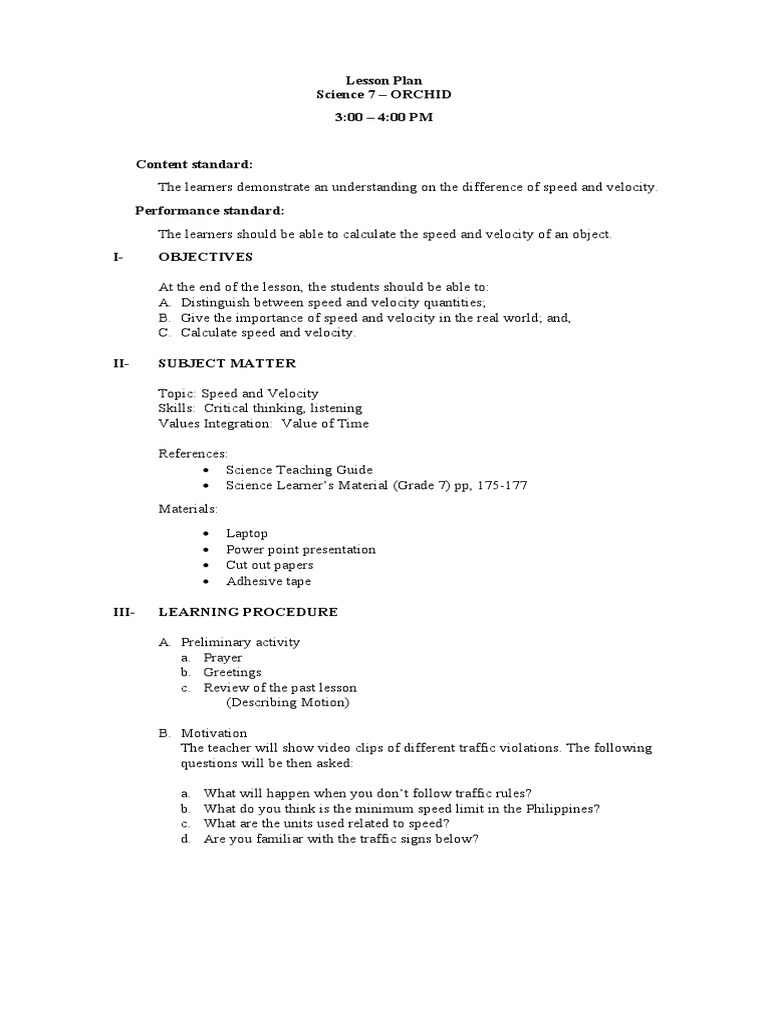 Lesson Plan Science 7 - ORCHID 3:00 - 4:00 PM | PDF | Speed | Velocity