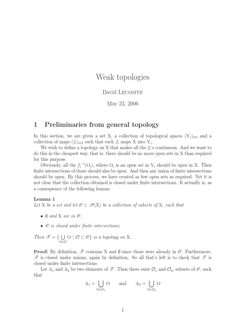 Weak Topologies: 1 Preliminaries From General Topology | PDF | Banach Space | Mathematical Analysis