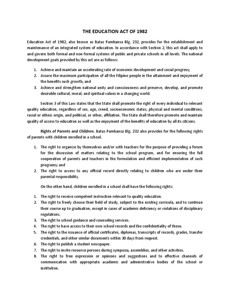 The Education Act of 1982: Rights of Parents and Children. Batas ...