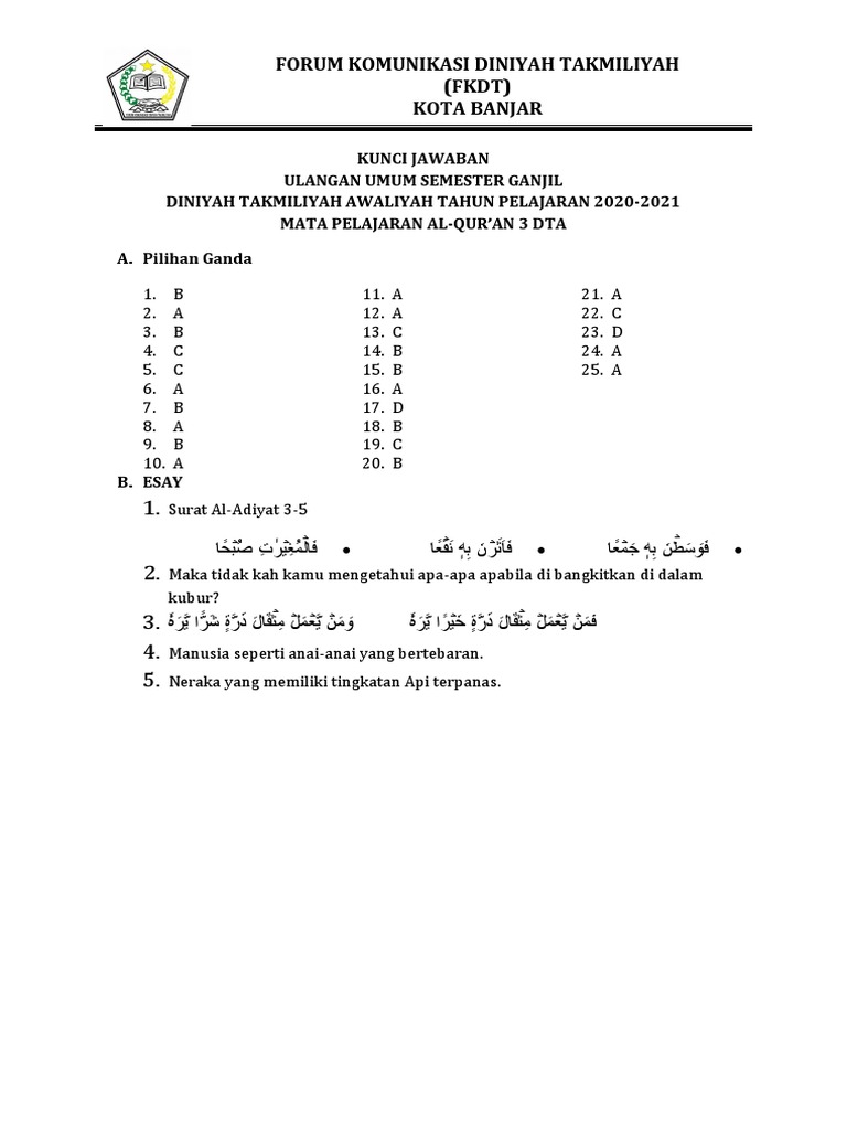 Kunci Jawaban FKDT Dta Kelas 3 | PDF