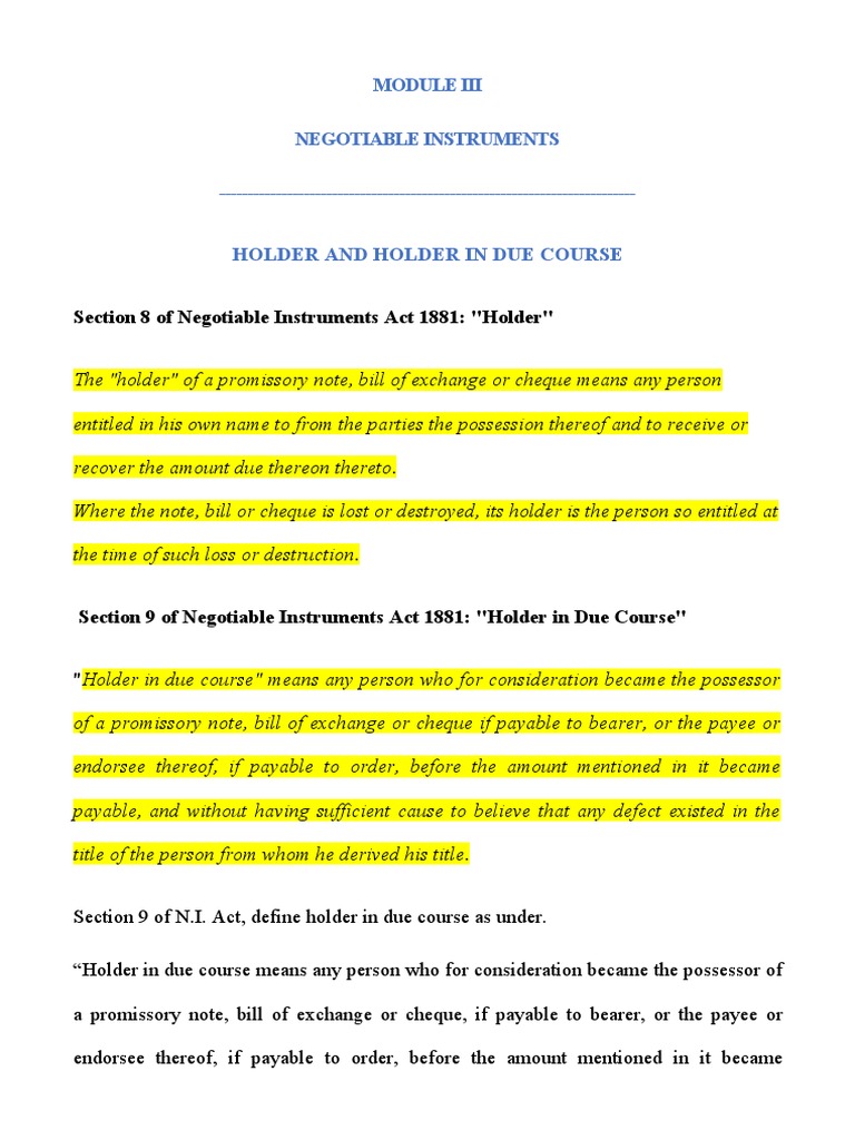 Holder Vs Holder in Due Course PDF Negotiable Instrument Civil Law Legal System