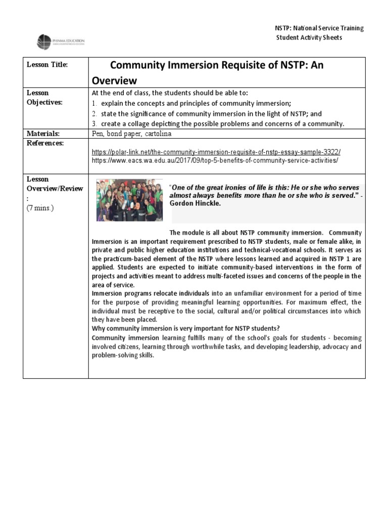 Community Immersion Requisite of NSTP: An: Lesson Title | PDF ...