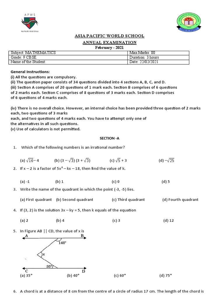 Mathematics Annual Examination for Grade 9 Students with Detailed ...