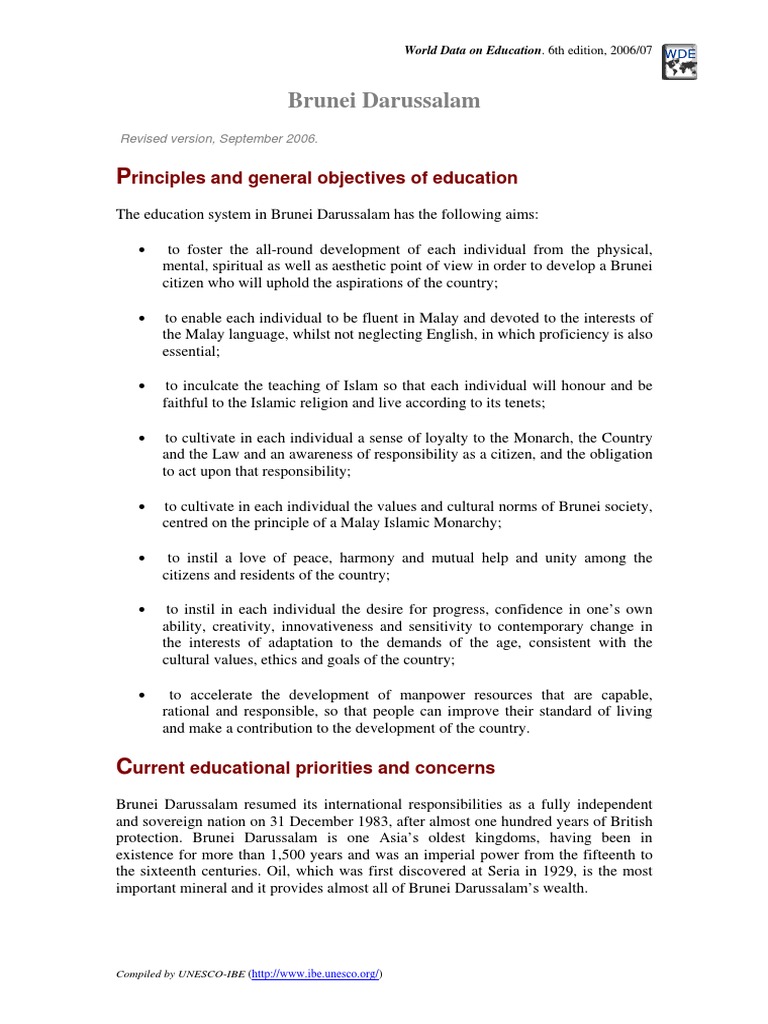 Brunei Darussalam: Rinciples and General Objectives of Education | PDF ...