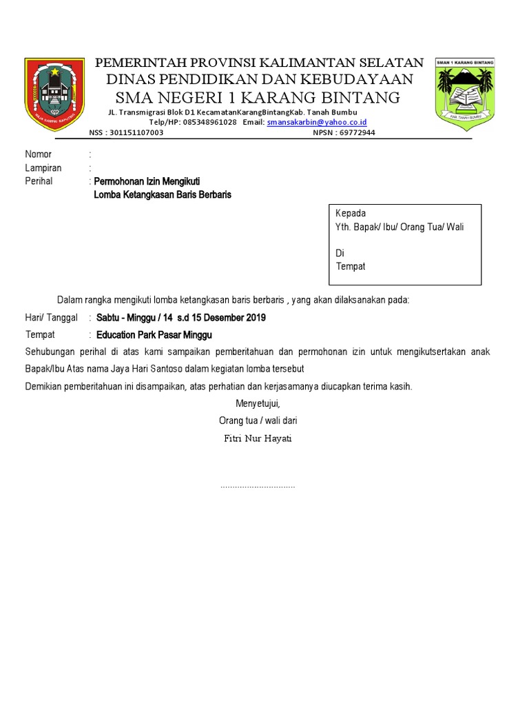 Surat - Izin - Mengikuti - Lomba LKBB | PDF